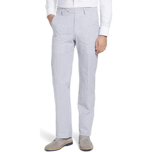 Berle Flat Front Stripe Cotton Seersucker Pants - Blue
