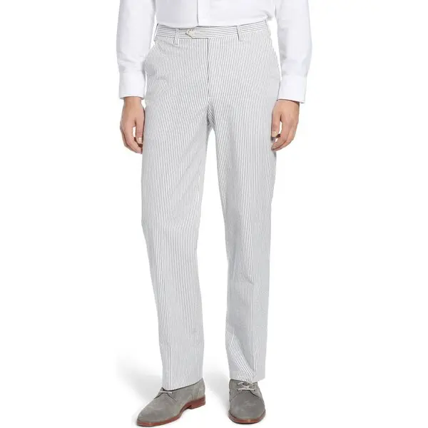 Berle Flat Front Stripe Cotton Seersucker Pants - Grey
