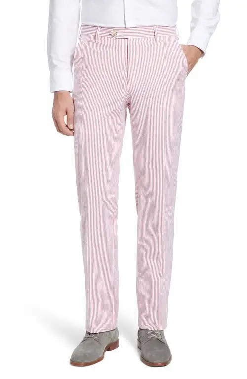 Berle Flat Front Stripe Cotton Seersucker Pants - Red