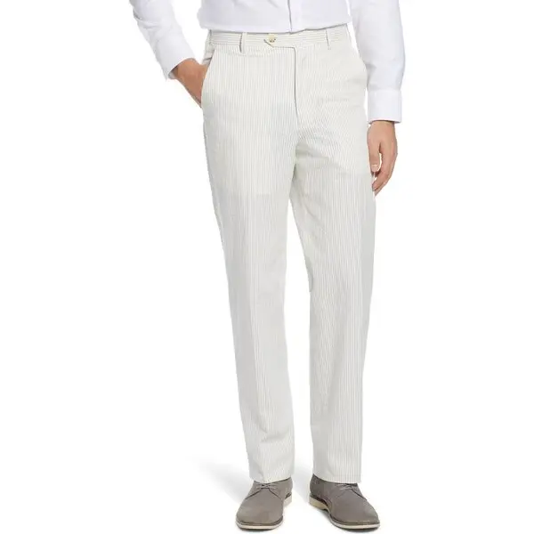 Berle Flat Front Stripe Cotton Seersucker Pants - Tan