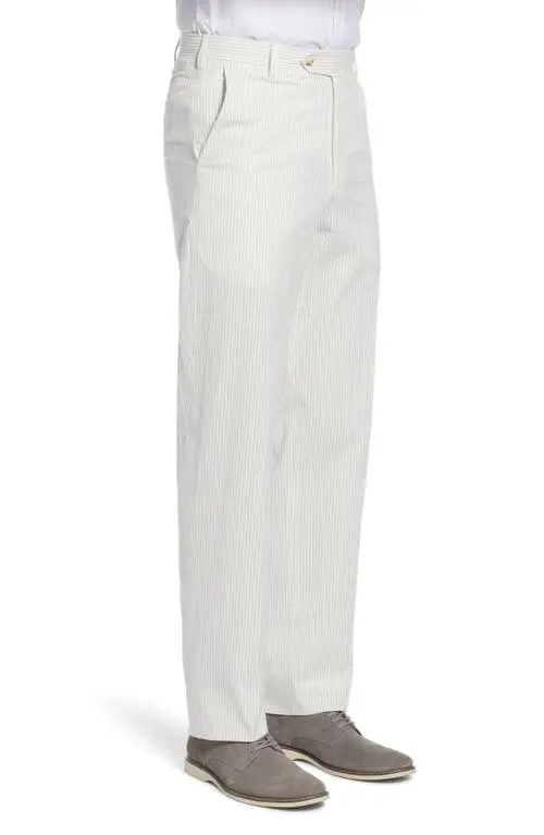Berle Flat Front Stripe Cotton Seersucker Pants - Tan