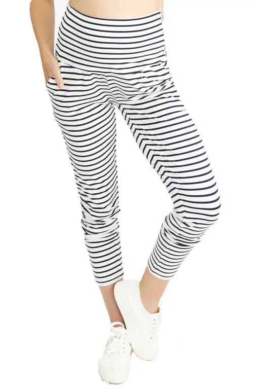 ANGEL MATERNITY Tapered Casual Maternity Pants - Navy/ White Stripes