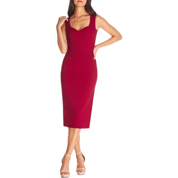 Dress The Population Elle Sweetheart Neck Midi Dress - Garnet