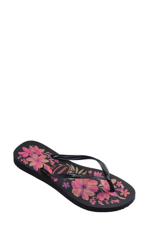 Havaianas Slim Floral Flip Flop - Black/grey/gold