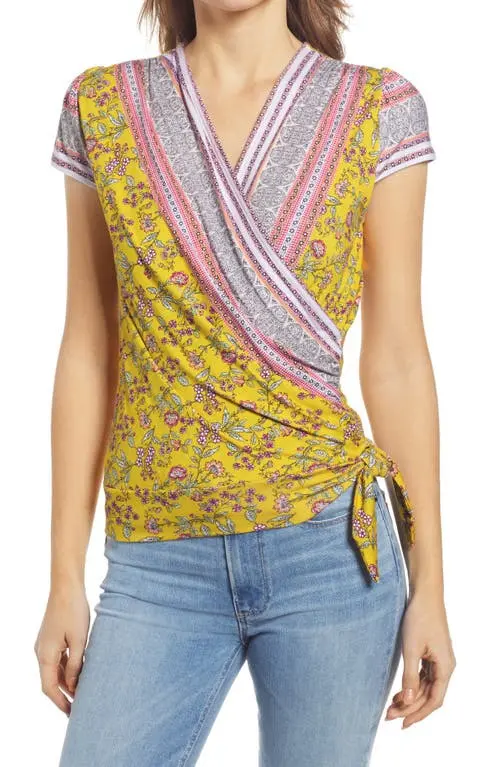 Loveappella Wrap Front Polka Dot Top - Yellow