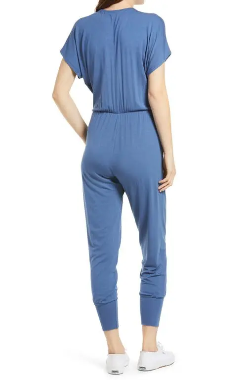 Loveappella Short Sleeve Wrap Top Jumpsuit - Denim