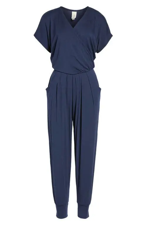 Loveappella Short Sleeve Wrap Top Jumpsuit - Midnight Blue