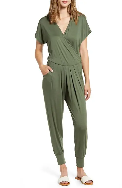 Loveappella Short Sleeve Wrap Top Jumpsuit - Olive