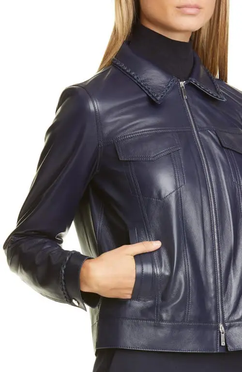 Lafayette 148 New York Destiny Braid Trim Leather Jacket