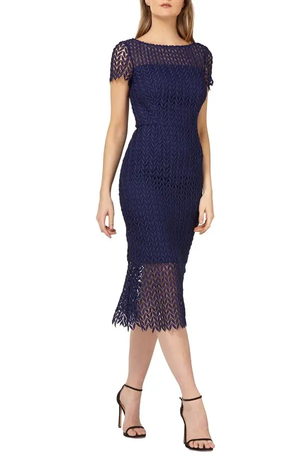 Kay Unger Tatum Floral Lace Midi Cocktail Dress - Navy | Editorialist