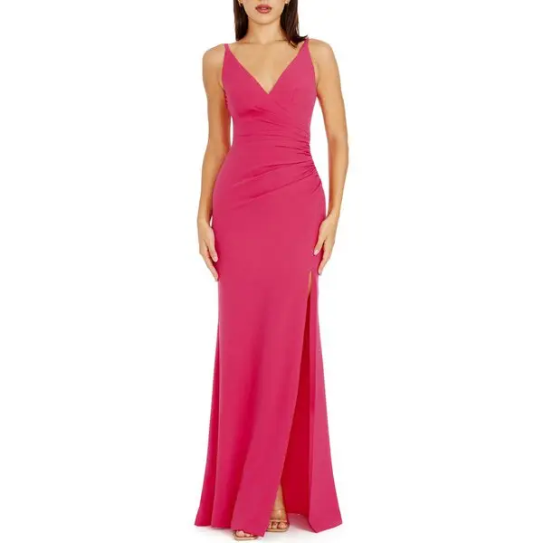 Dress The Population Jordan Ruched Side Slit Gown - Begonia