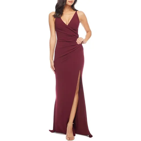 Dress The Population Jordan Ruched Side Slit Gown - Burgundy