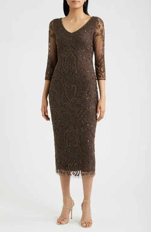 Pisarro Nights Sequin & Beaded Cocktail Sheath Dress - Chocolate 201