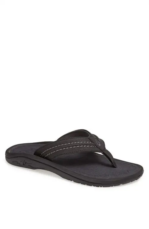Olukai Hokua Flip Flop - Black/shadow Faux Leather