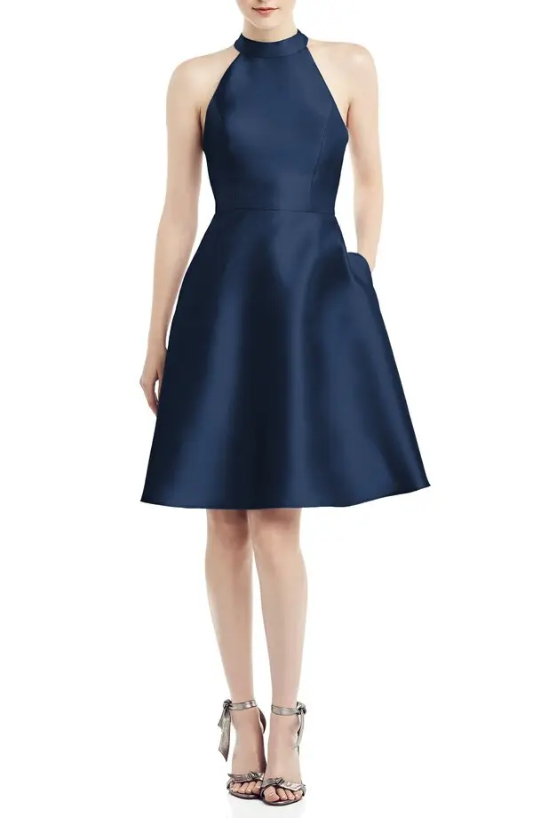 Alfred Sung Halter Style Satin Twill Cocktail Dress - Midnight |  Editorialist