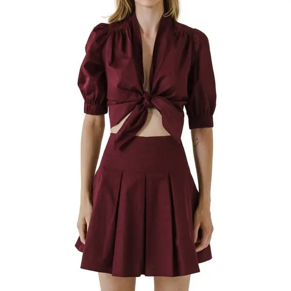 Endless Rose Tie-front Crop Shirt - Burgundy