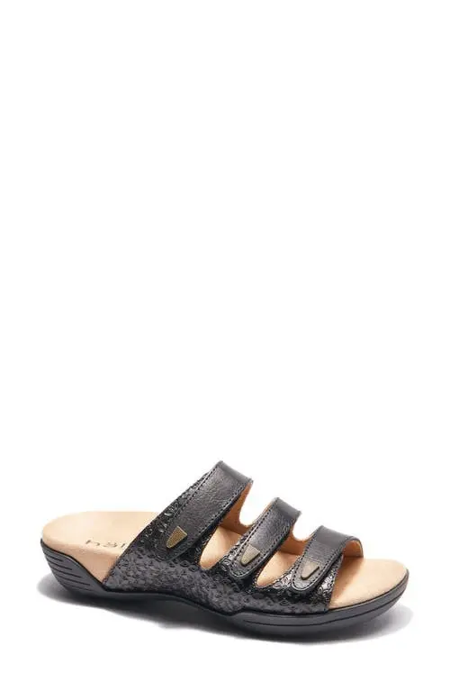 HALSA FOOTWEAR Strappy Slide Sandal - Black Waxed/embossed
