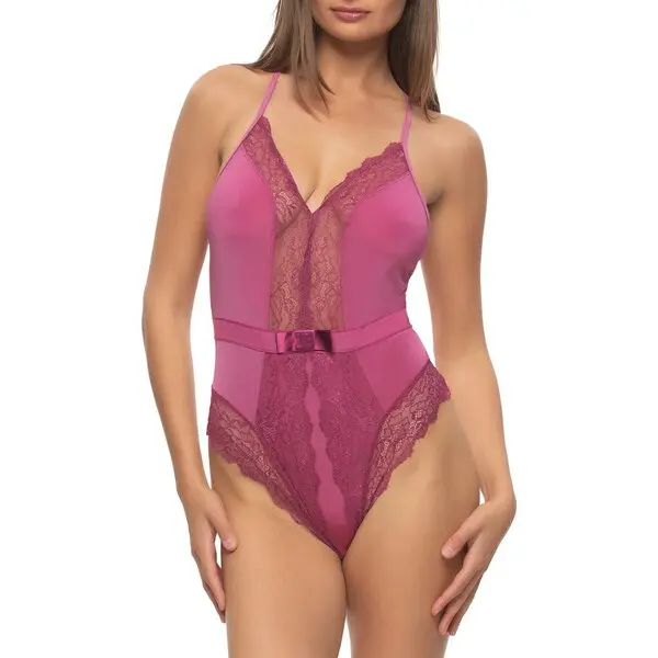 BLACK BOW Henny Satin & Lace Thong Bodysuit - Raspberry Coulis