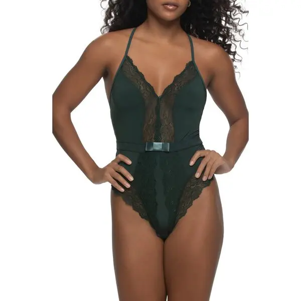 BLACK BOW Henny Satin & Lace Thong Bodysuit - Scarab