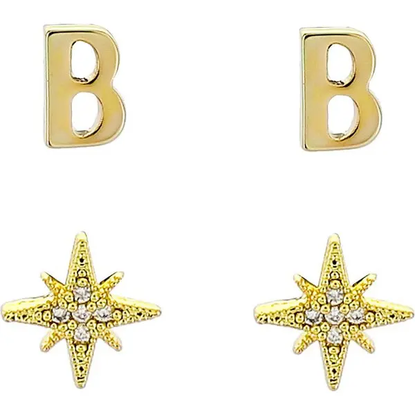 PANACEA Initial And Starburst Stud Earrings Set - Gold-b