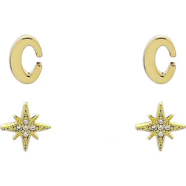 PANACEA Initial And Starburst Stud Earrings Set - Gold-c