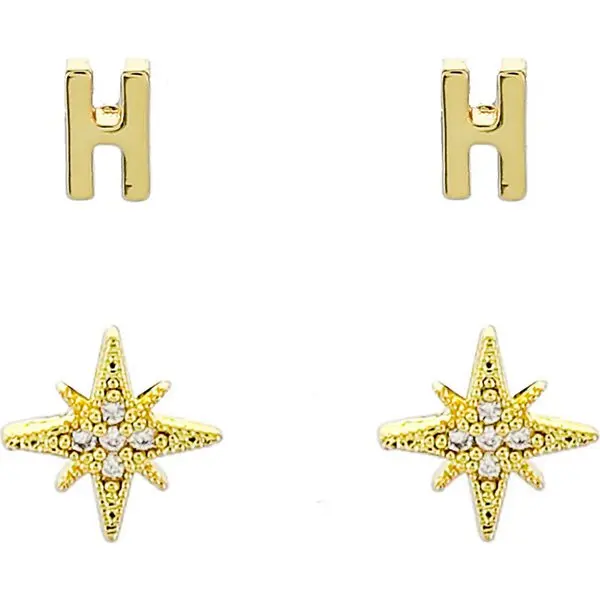 PANACEA Initial And Starburst Stud Earrings Set - Gold-h