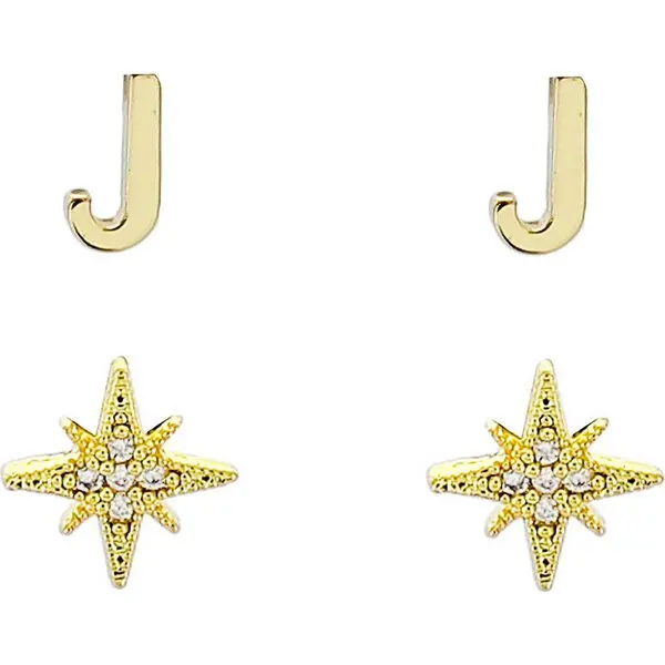 PANACEA Initial And Starburst Stud Earrings Set - Gold-j