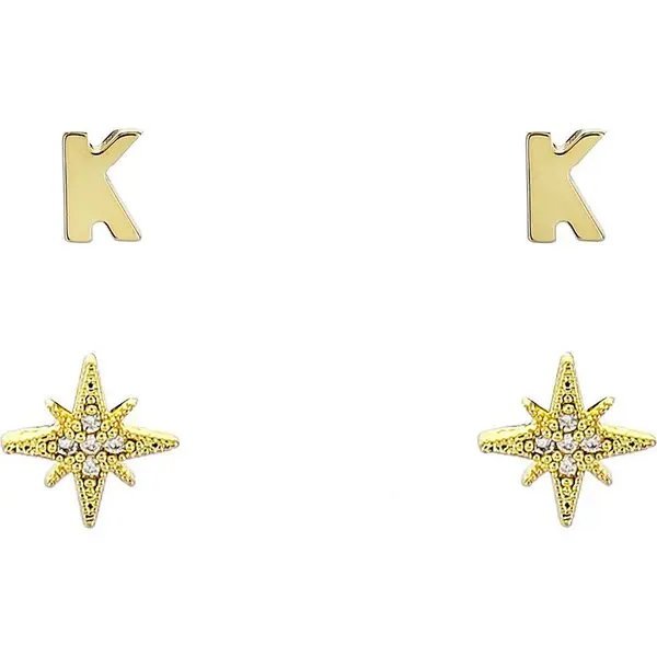 PANACEA Initial And Starburst Stud Earrings Set - Gold-k