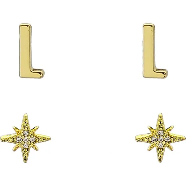 PANACEA Initial And Starburst Stud Earrings Set - Gold-l
