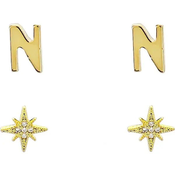 PANACEA Initial And Starburst Stud Earrings Set - Gold-n