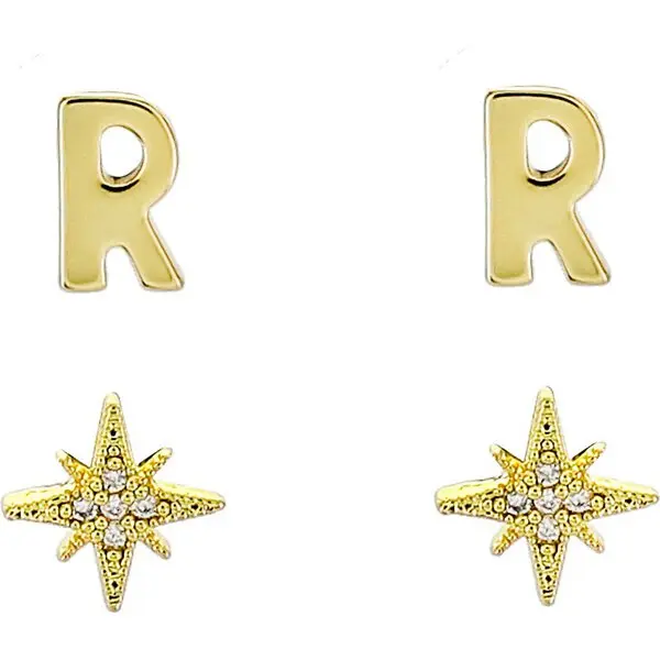 PANACEA Initial And Starburst Stud Earrings Set - Gold-r