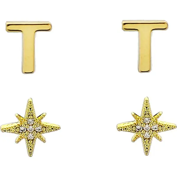 PANACEA Initial And Starburst Stud Earrings Set - Gold