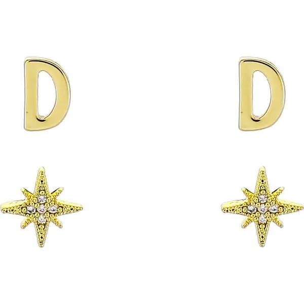 PANACEA Initial And Starburst Stud Earrings Set - Gold