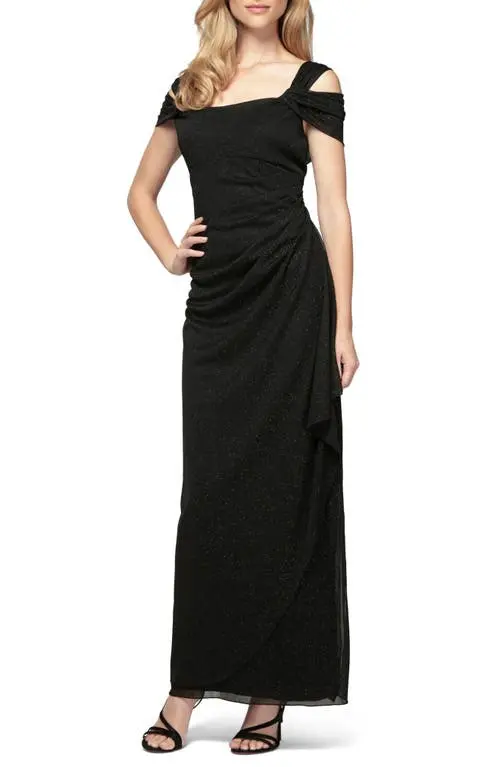 Alex Evenings Cold Shoulder Ruffle Glitter Chiffon Gown - Black