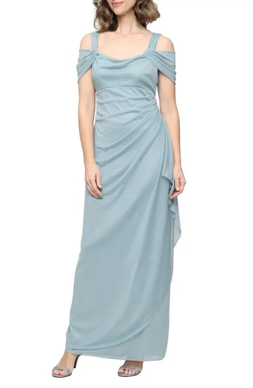 Alex Evenings Cold Shoulder Ruffle Glitter Chiffon Gown - Ice Sage