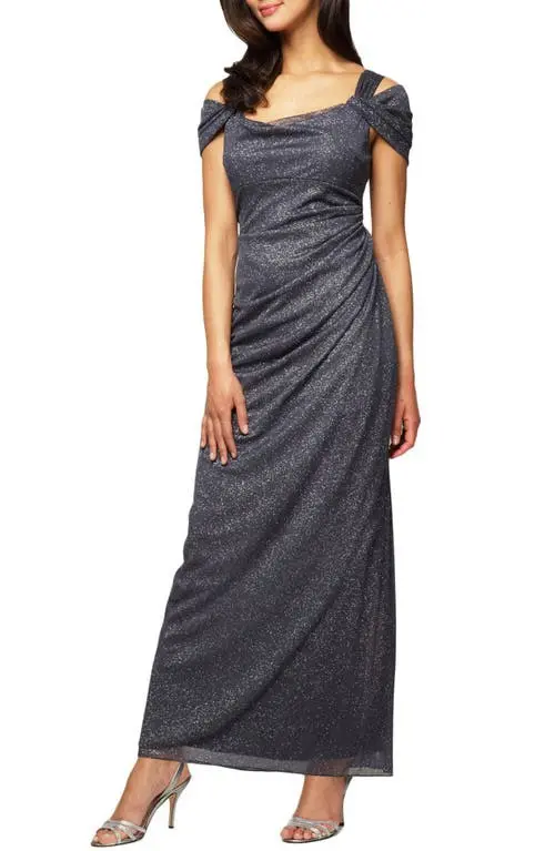 Alex Evenings Cold Shoulder Ruffle Glitter Chiffon Gown - Smoke