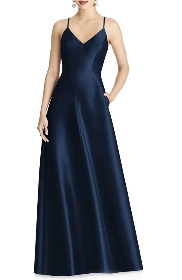 navy blue dress for baby girl Alfred Sung Crossback Satin Twill A-Line Gown In Midnight - 30% Off