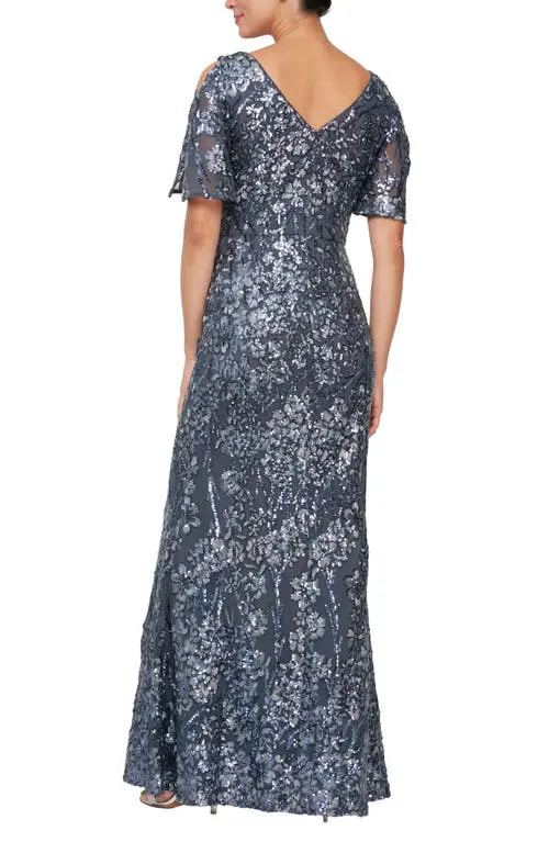 Alex Evenings Sequin Lace Cold Shoulder Trumpet Gown - Charcoal