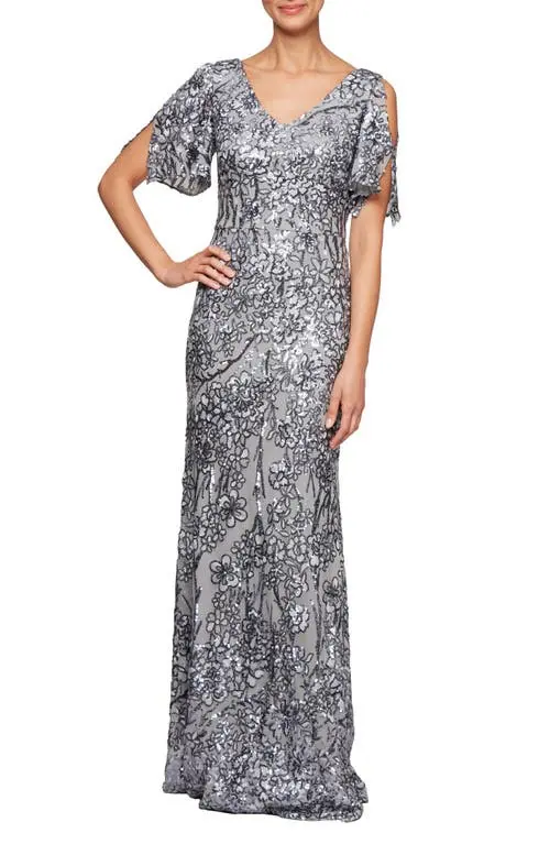 Alex Evenings Sequin Lace Cold Shoulder Trumpet Gown - Silver