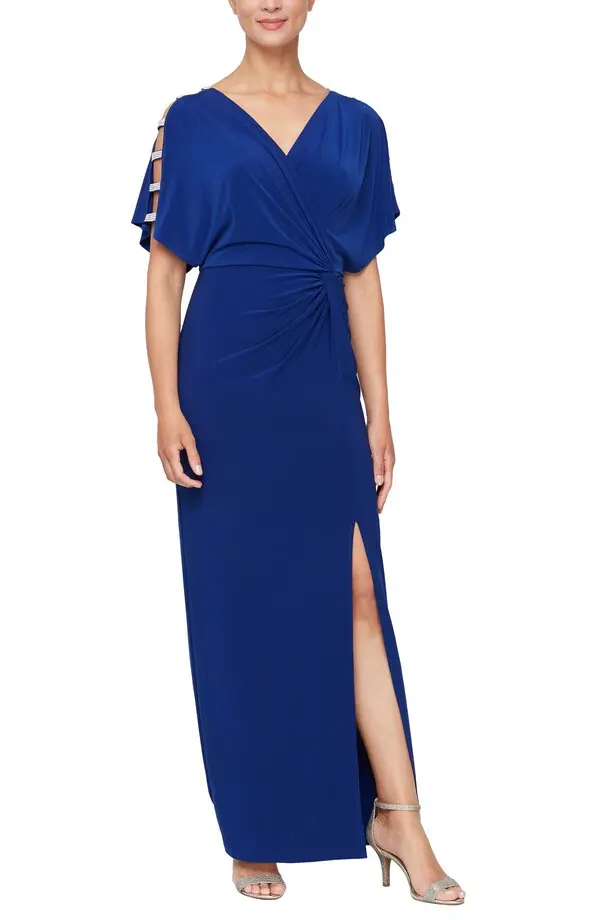 Alex Evenings Embellished Sleeve Knot Front Jersey Gown