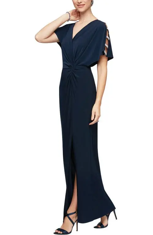 Alex Evenings Embellished Sleeve Knot Front Jersey Gown