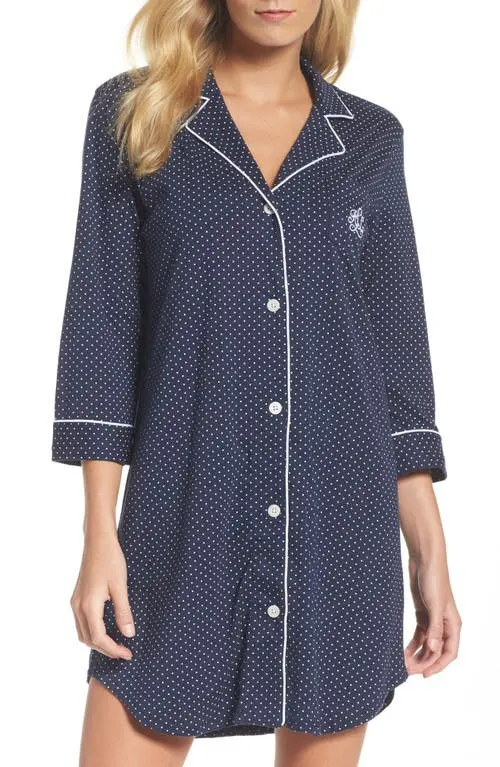 Ralph Lauren Cotton Jersey Sleep Shirt - Madeleine Navy/ White Dot