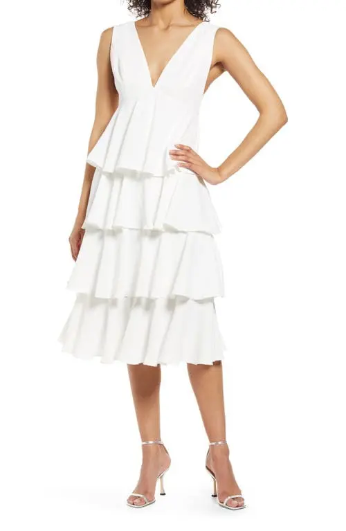 CHI CHI LONDON Plunge Neck Tiered Ruffle Cocktail Dress - White