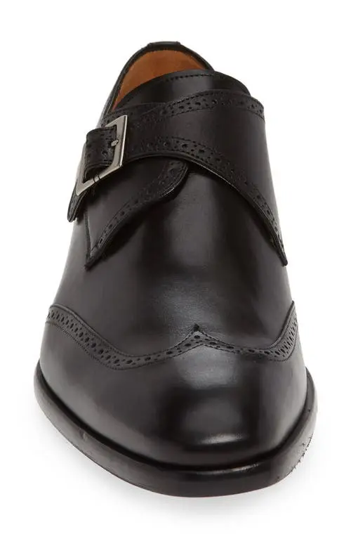 Mezlan Forest Single Monk Strap Wingtip Shoe - Black Leather