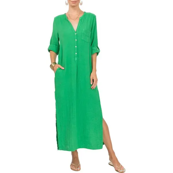 EVERYDAY RITUAL Button Front Cotton Gauze Caftan - Parakeet