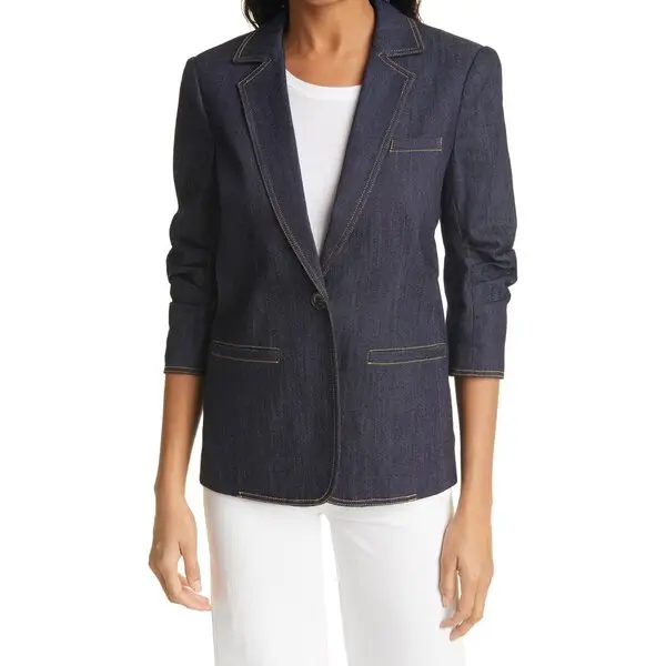 Cinq À Sept Khloe Ruched Sleeve Denim Blazer - Indigo