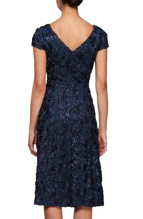 Alex Evenings Sequin Rosette Lace Cocktail Dress