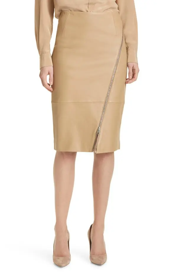 Hugo Boss Serasa Lambskin Leather Pencil Skirt Beige Editorialist