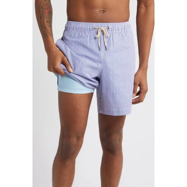 FAIR HARBOR The Bayberry Swim Trunks - Light Blue Seersucker