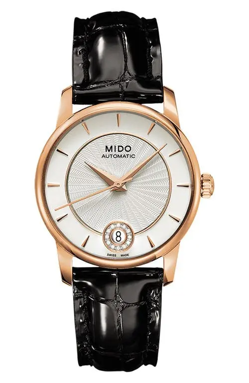 MIDO Baroncelli Diamond Automatic Leather Strap Watch - Silver/black